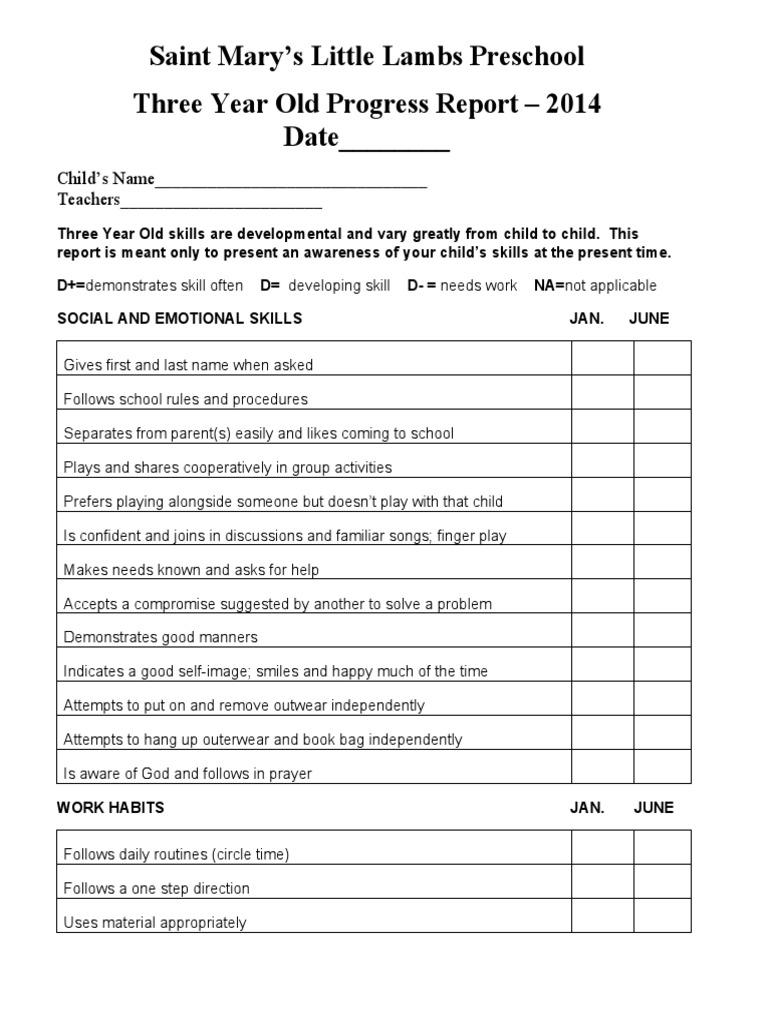 Saint Mary's Little Lambs Preschool Three Year Old Progress Report ...