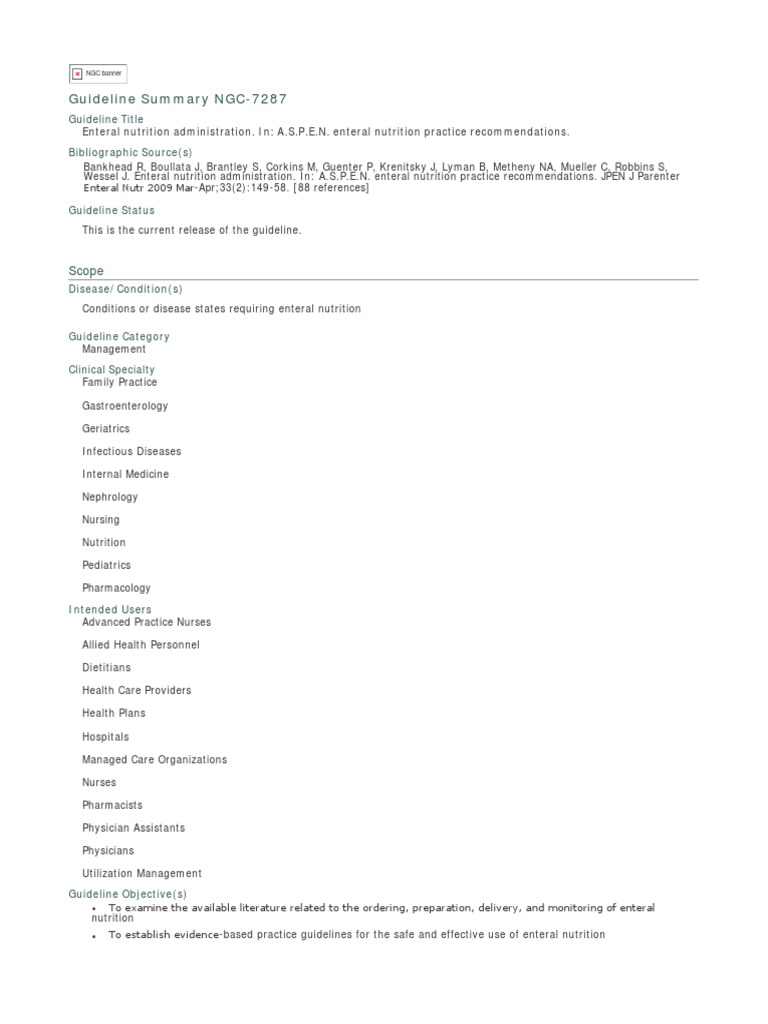 A.S.P.E.N. Enteral Nutrition Practice Recommendations | PDF | Dietitian ...