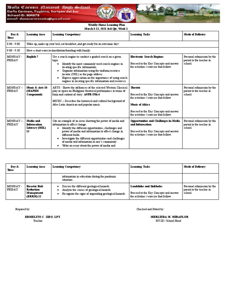 Weekly Home Learning Plan 2nd QTR | PDF | Learning | Information