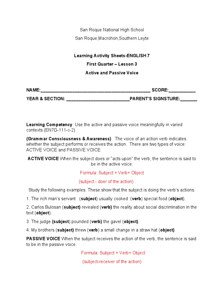 Formula: Subject + Verb+ Object (Subject - Doer of The Action) | PDF ...