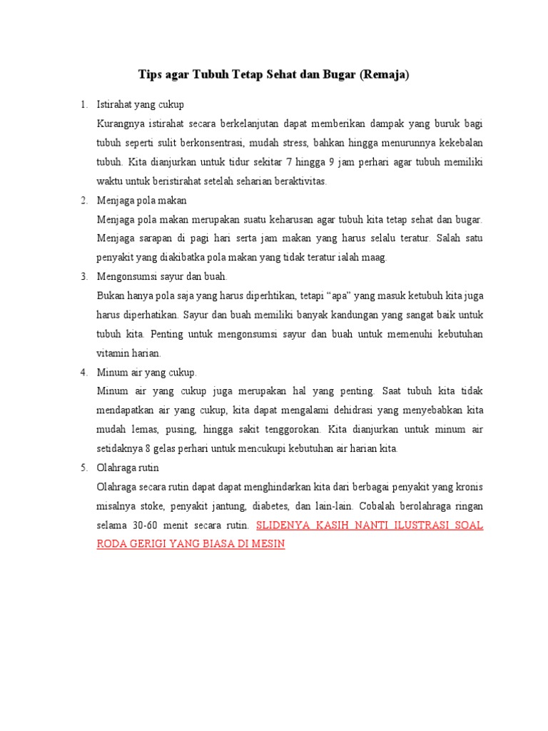 Tips Agar Tubuh Tetap Sehat Dan Bugar (Remaja) Fix | PDF