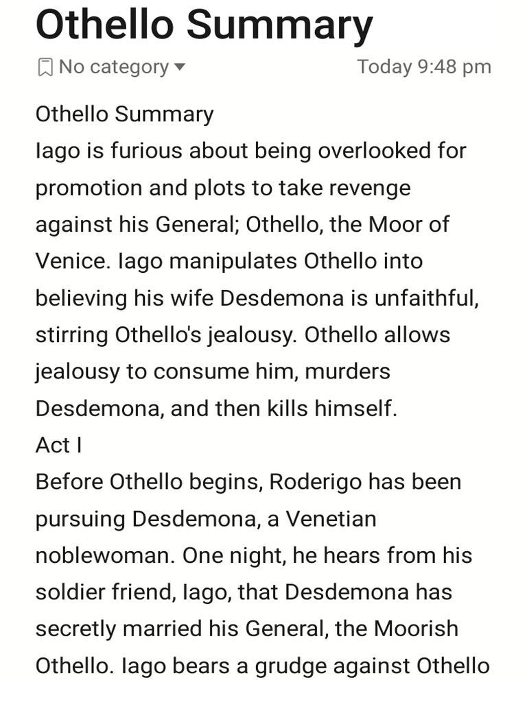 Othello Summary - Iago Plots Revenge Against General Othello | PDF