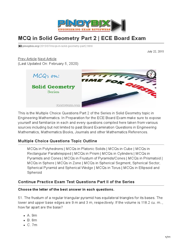 Solid Geometry MCQs for ECE Exam | PDF | Sphere | Volume