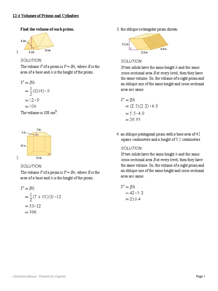 Solution: Solution:: 12-4 Volumes of Prisms and Cylinders | PDF | Area ...
