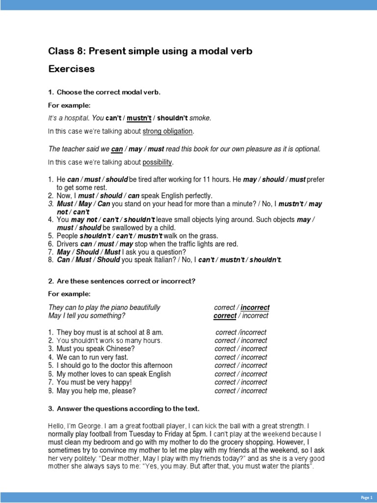 Class 8: Present Simple Using A Modal Verb Exercises | PDF | Verb