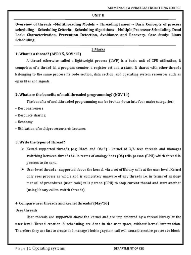 Os Unit 2 | PDF | Thread (Computing) | Scheduling (Computing)