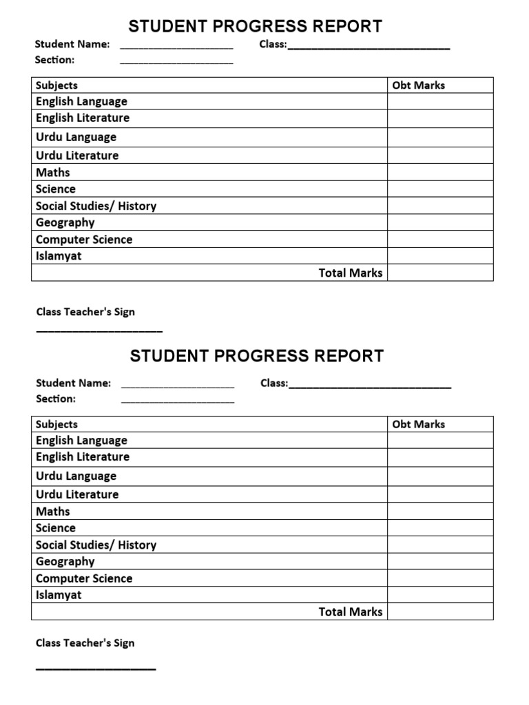 Student Progress Report: Student Name: Class: - Section: Subjects Obt ...