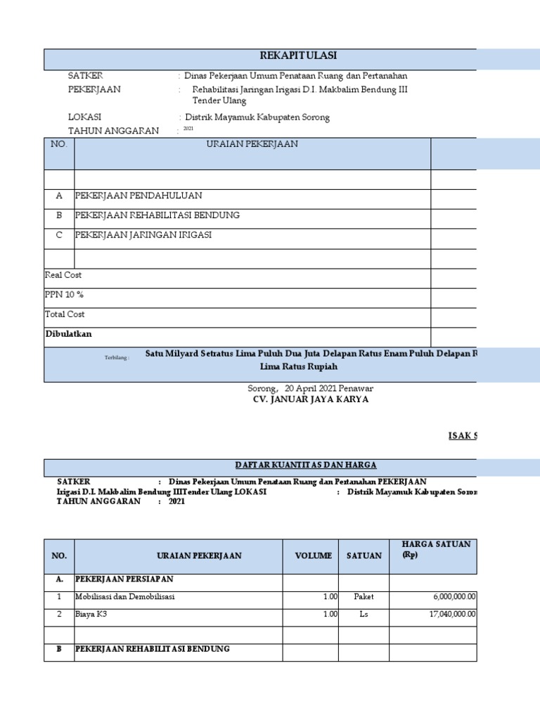 RAB Rehabilitasi Jaringan Irigasi D.I. Makbalim Bendung III | PDF