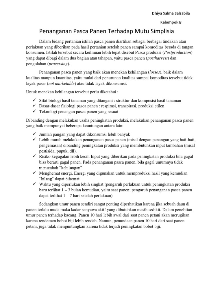 Penanganan Pasca Panen Terhadap Mutu Simplisia | PDF