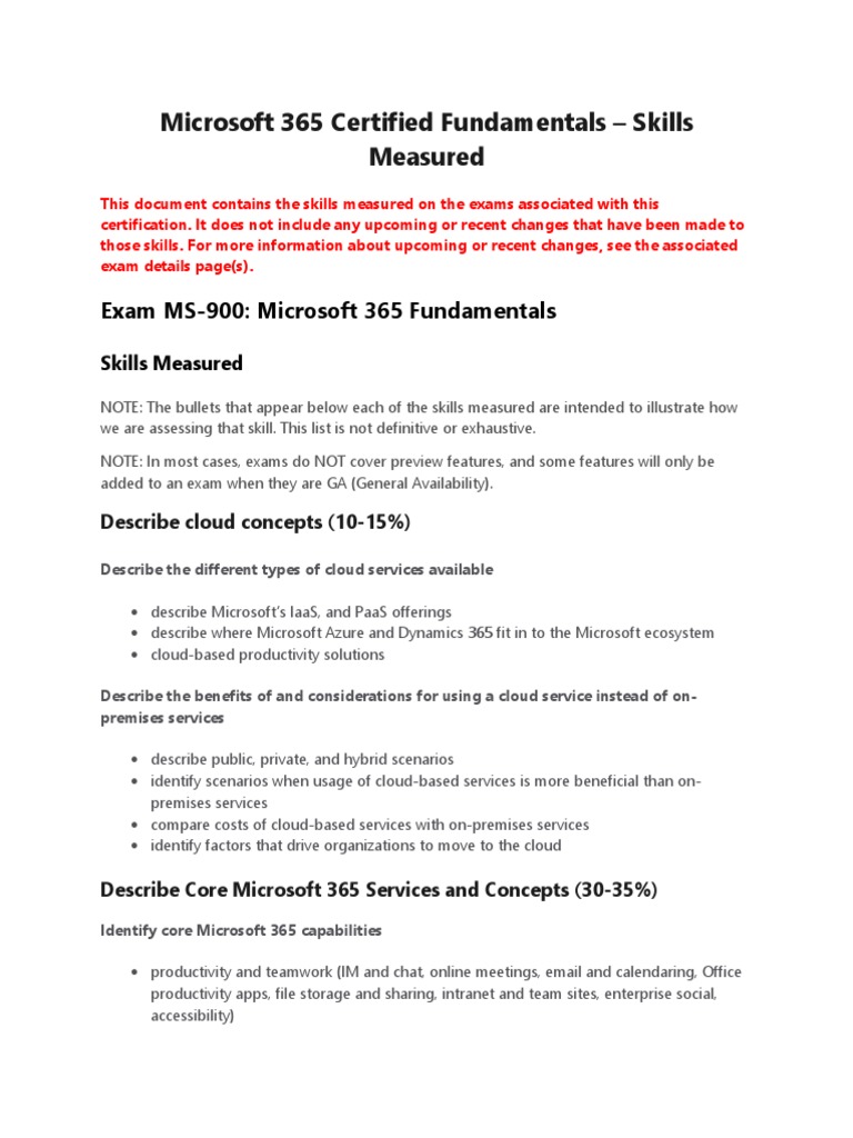 Microsoft 365 Certified Fundamentals - Skills Measured | PDF | Cloud ...