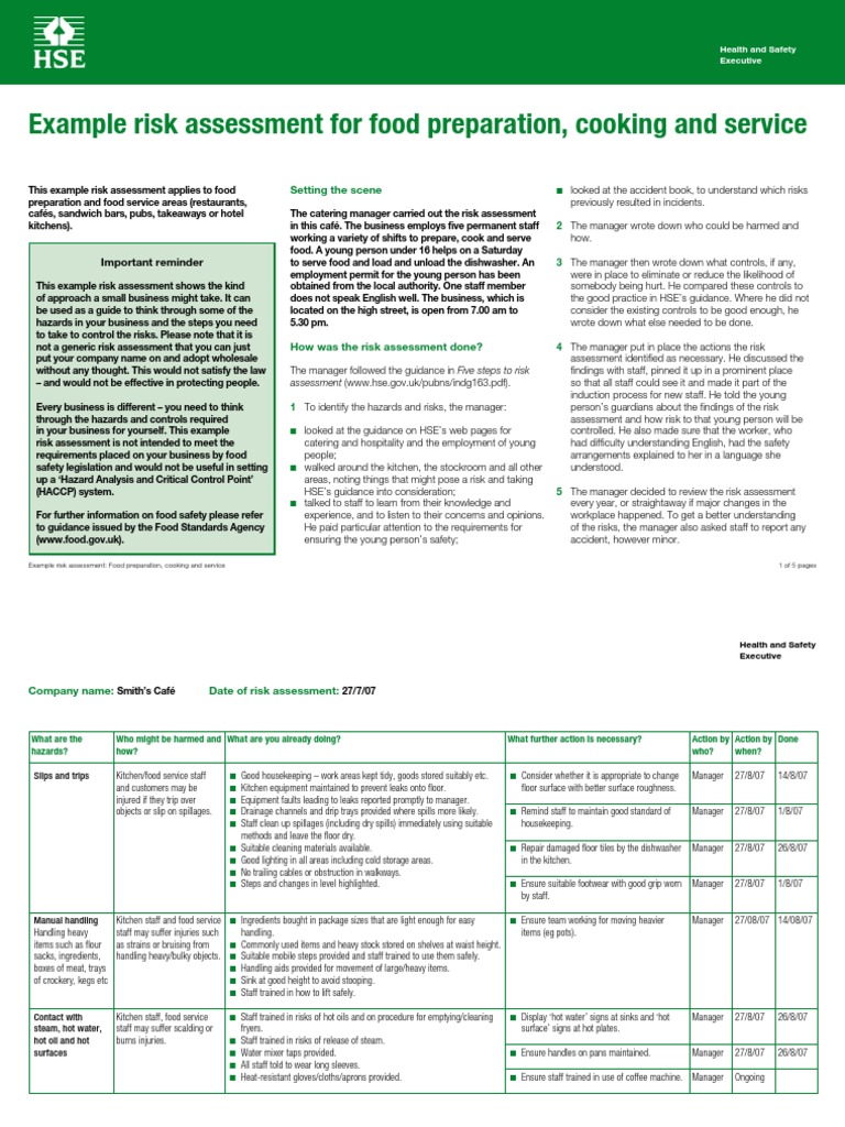 Example Risk Assessment For Food Preparation, Cooking and Service | PDF ...