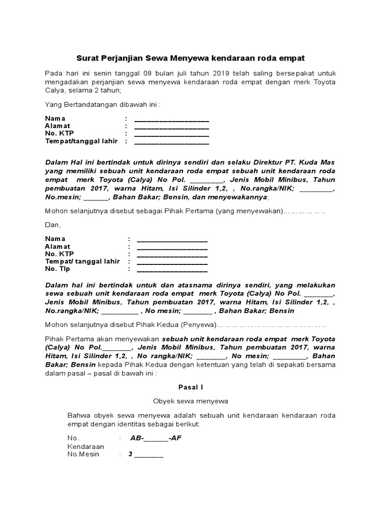 Contoh Surat Perjanjian Sewa Menyewa Kendaraan Roda Empat Agoeng | PDF