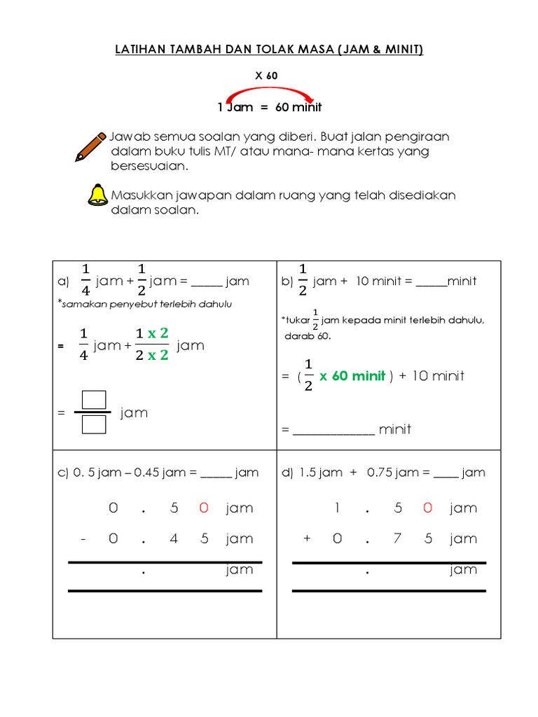 LATIHAN TAMBAH DAN TOLAK MASA (Jam& Minit) | PDF