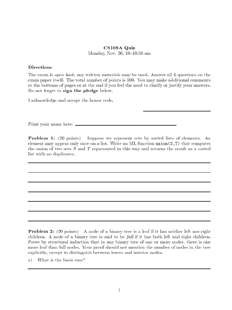 CS109A Quiz Directions Sign The Pledge: Union (S, T) | PDF | Applied ...