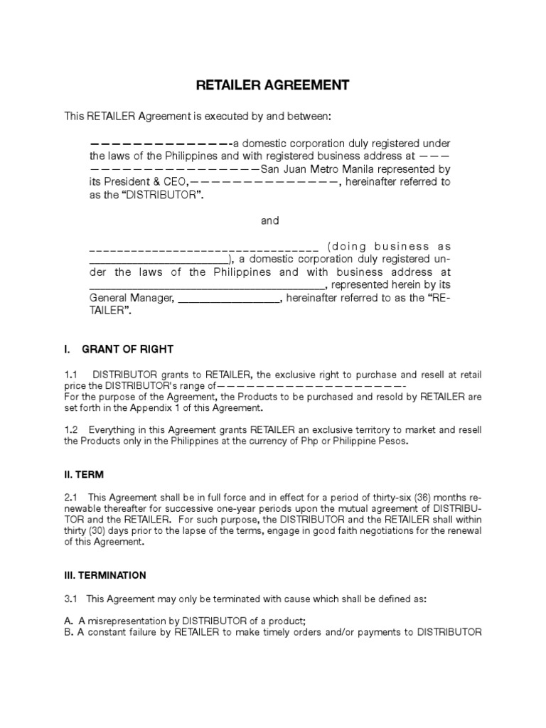 Exclusive Retailer Agreement Template | PDF | Indemnity | Retail