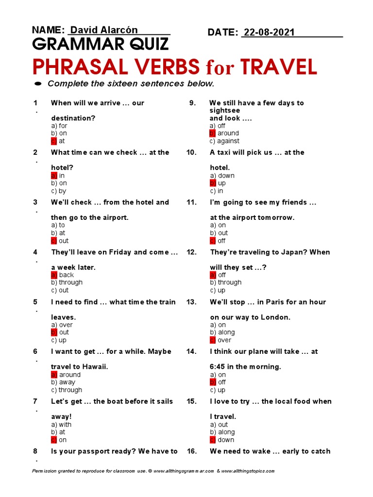 Phrasal Verbs For Travel: Grammar Quiz | PDF | Language Mechanics | Syntax
