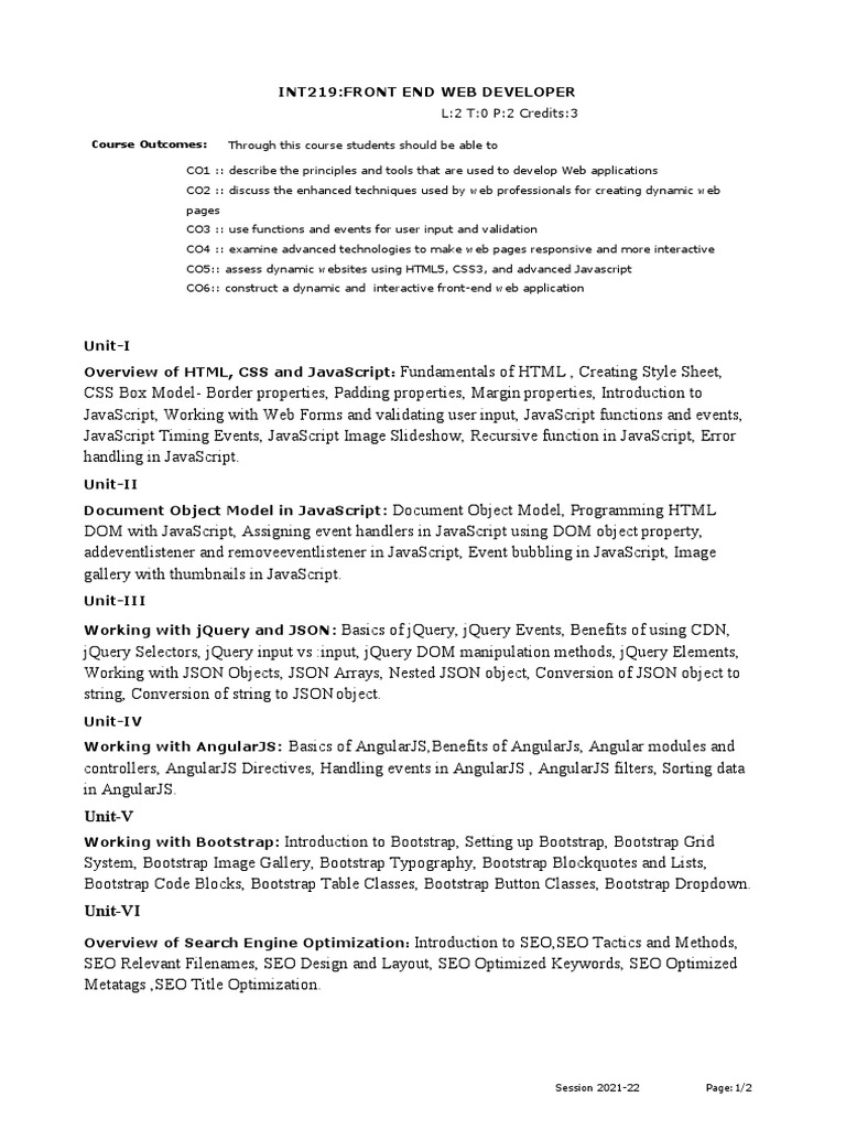 INT219 Syllabus | PDF | J Query | Angular Js