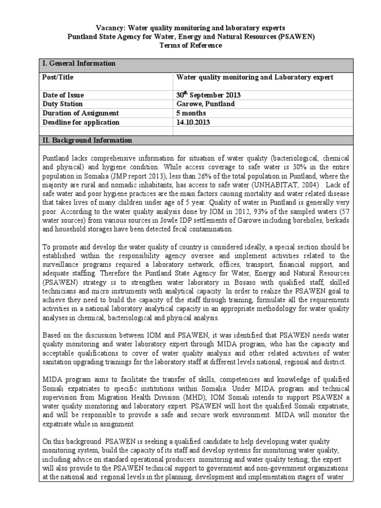 TOR Water Quality Specialist For PSAWEN Final | PDF | Water Quality | Wash