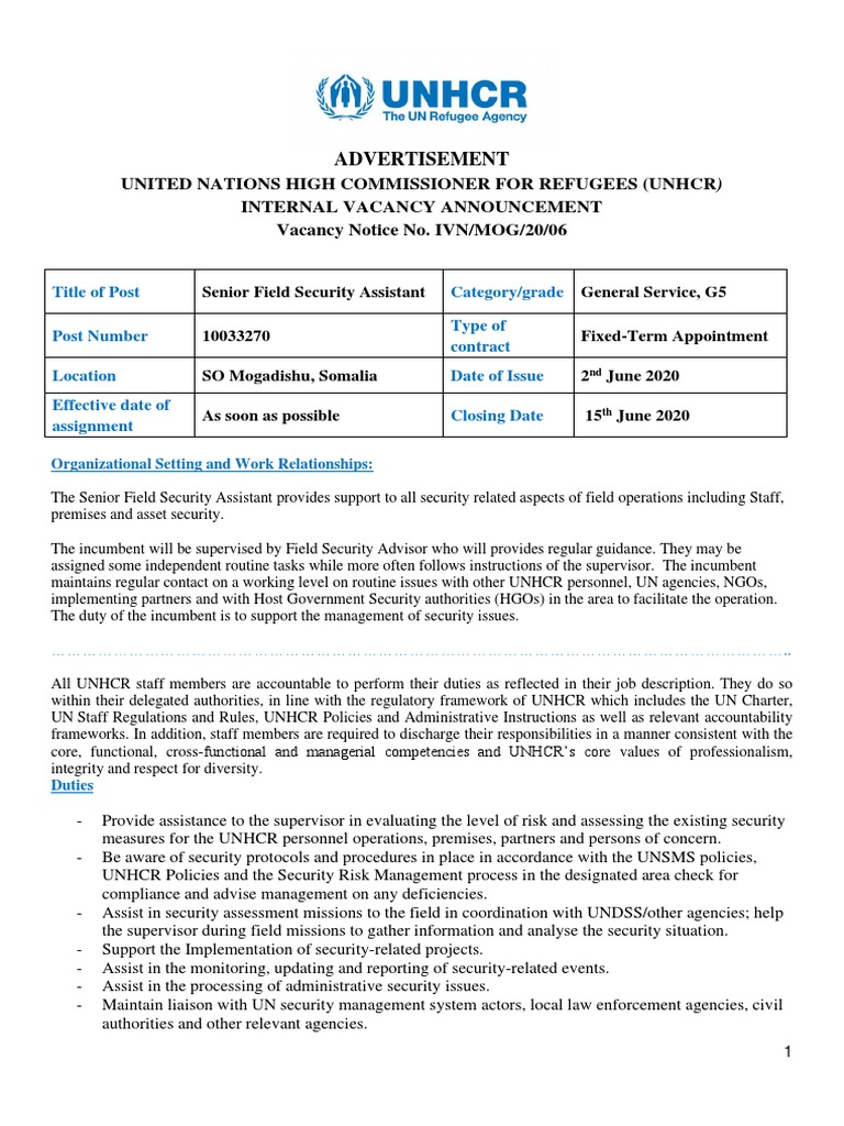 Senior Field Security Assistant - SO Mogadishu | PDF | Recruitment ...
