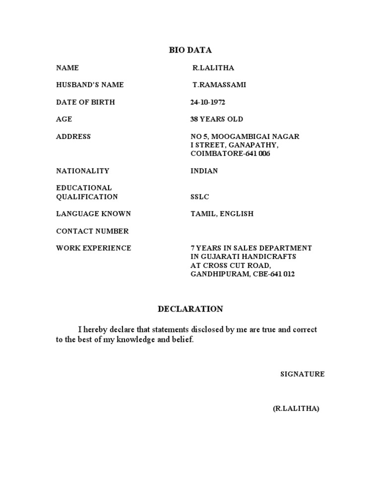 R. Lalitha's Professional Bio Data | PDF