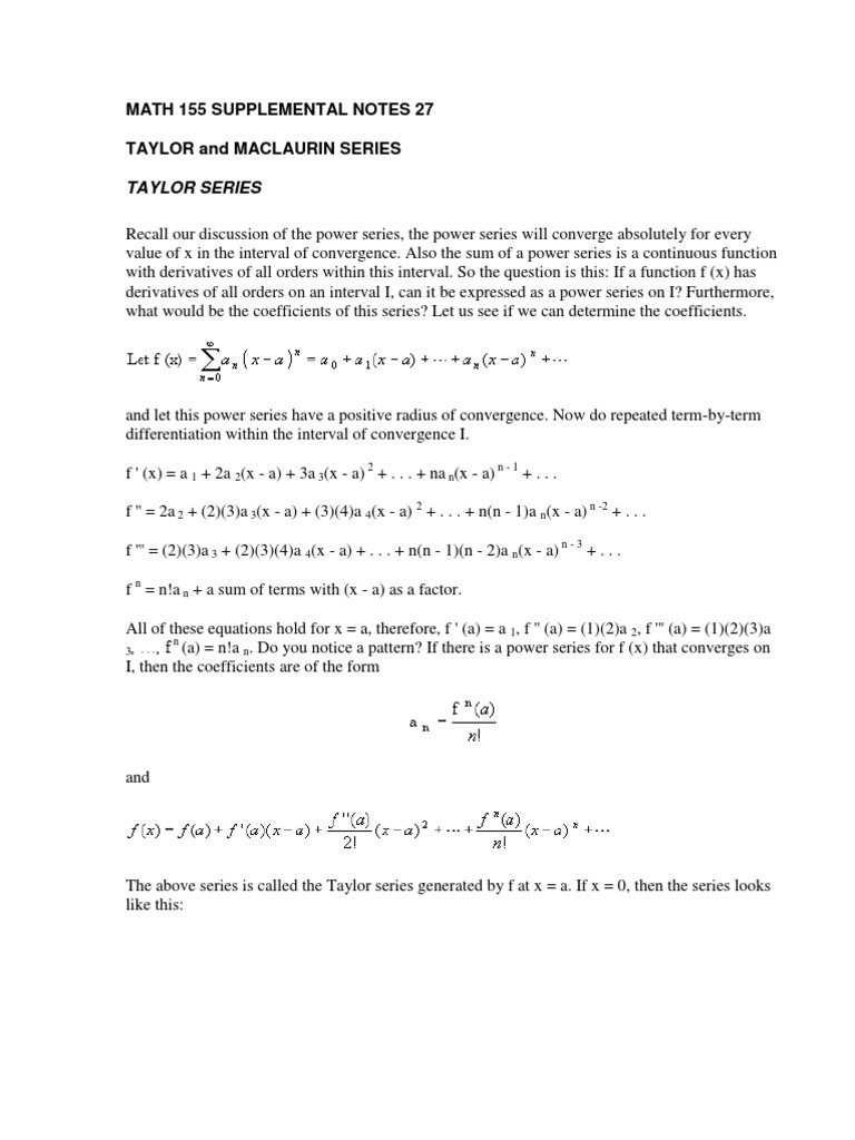 Math 155 Supplemental Notes 27 | PDF | Power Series | Series (Mathematics)