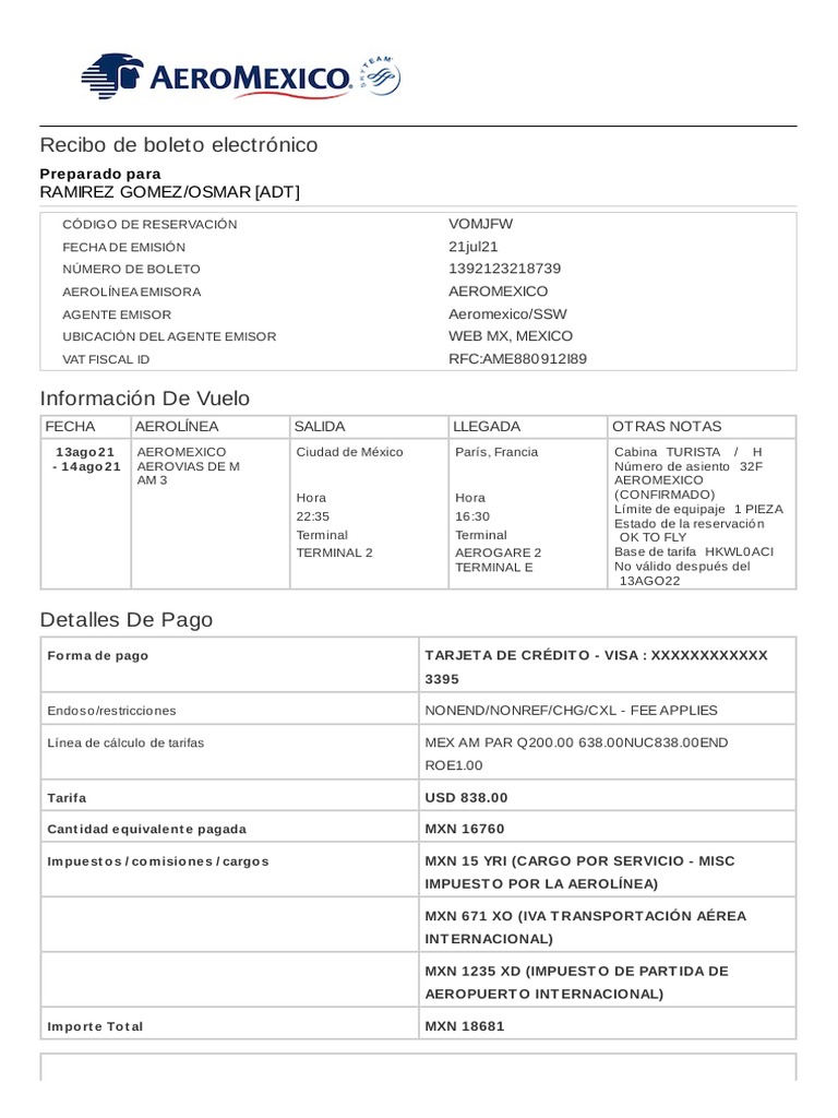 Recibo de Pasaje Electrónico, 13 Agosto para OSMAR RAMIREZ GOMEZ | PDF ...