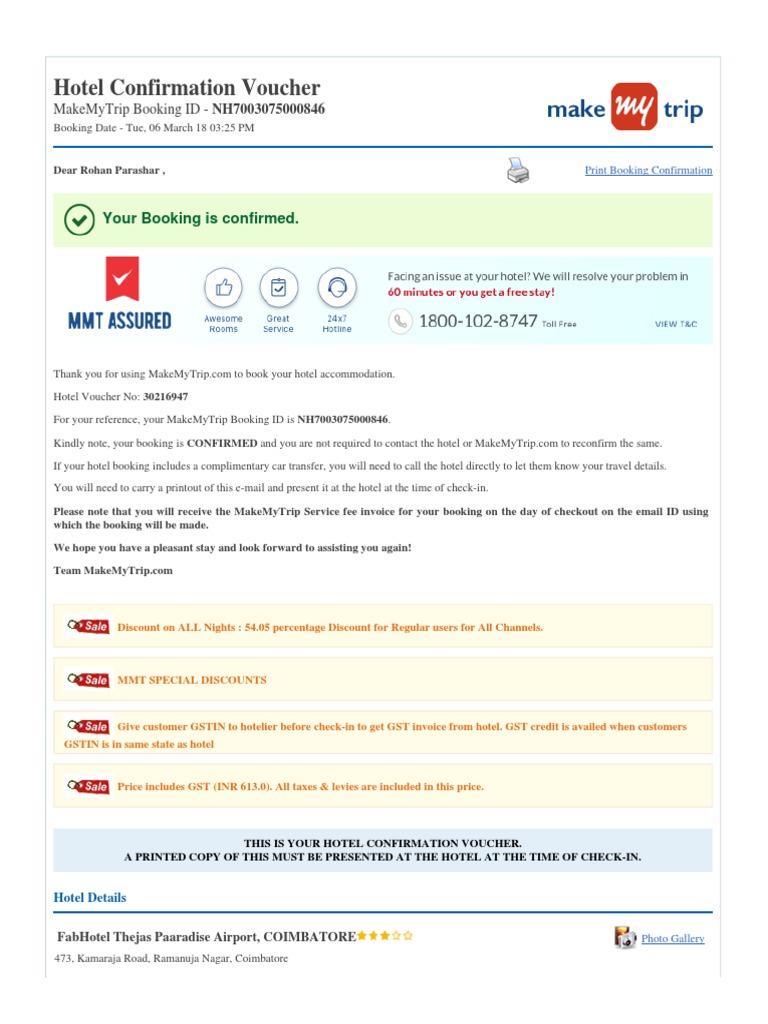 MakeMyTrip Hotel Confirmation Voucher | PDF | Service Industries | Payments