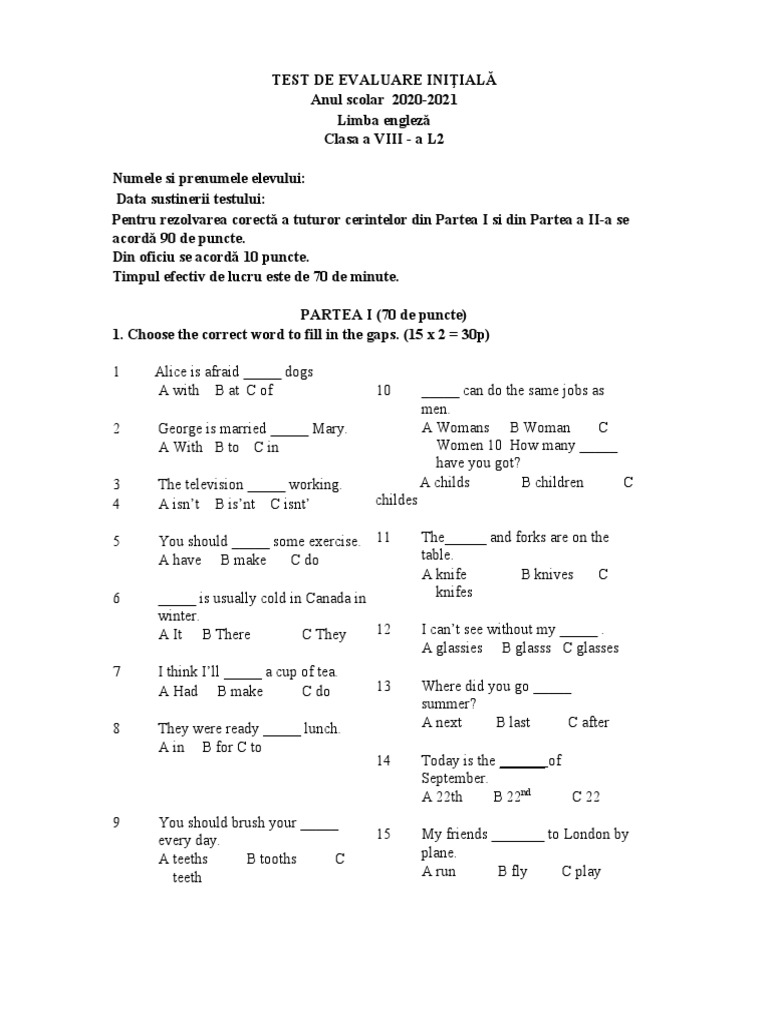 Engleza Clasa-Viii Test-Initial | PDF