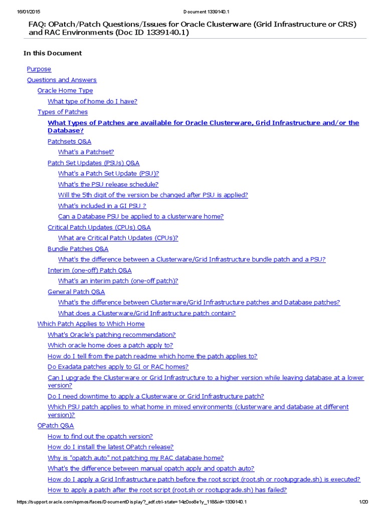 Faq: Opatch/Patch Questions/Issues For Oracle Clusterware (Grid Infrastructure or CRS) and Rac ...