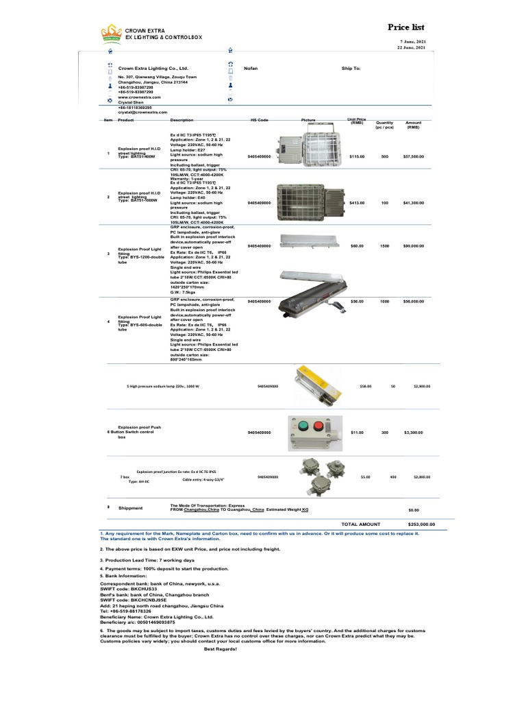 Explosion Proof Lighting Quotation From CROWN20210607 | PDF ...