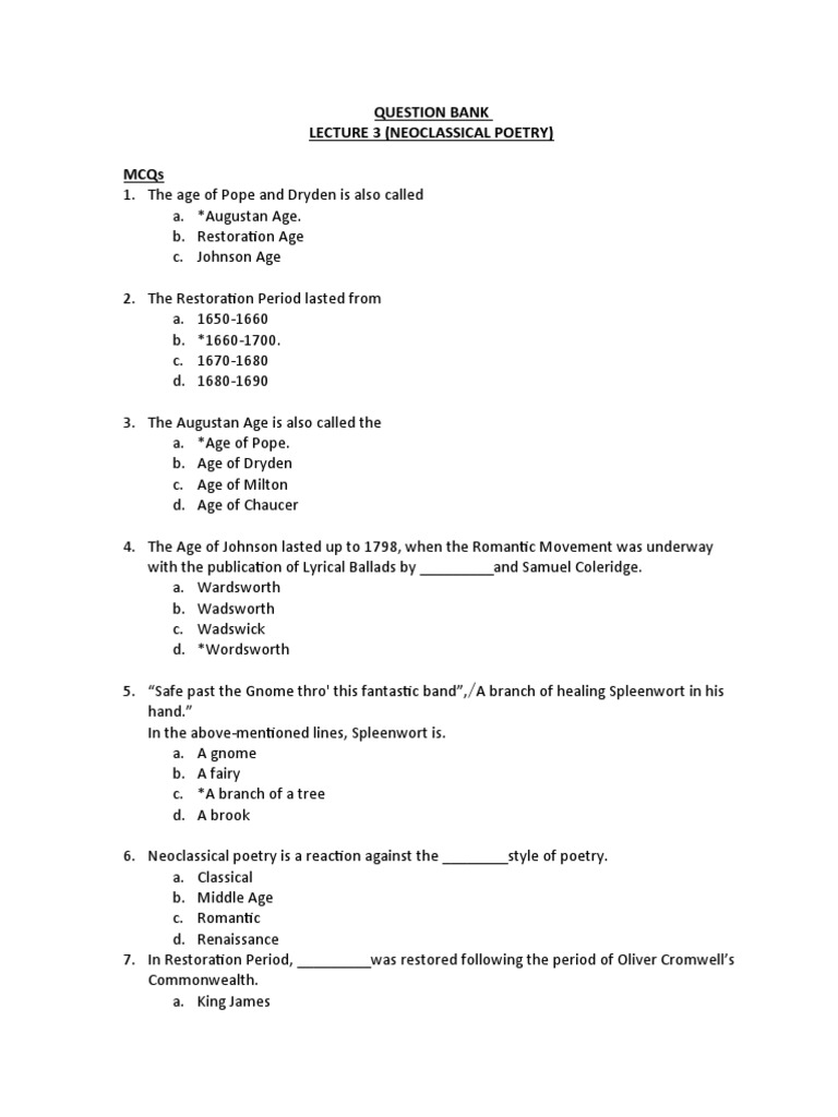 Question Bank and ANSWER KEY Neoclassical Poetry | PDF | Poetry ...