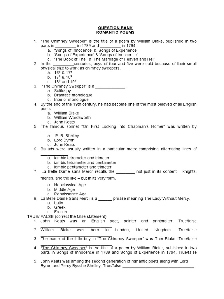 Question Bank Romantic Poems | PDF | Poetry | John Keats