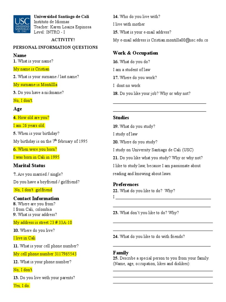 02 Exchanging Personal Information - Questions ACTIVITY | PDF