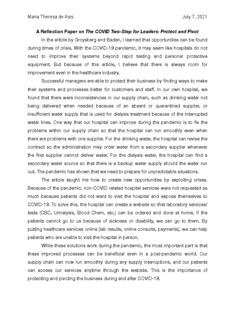 Strategic Leadership Reflection Paper | PDF | Hospital | Water