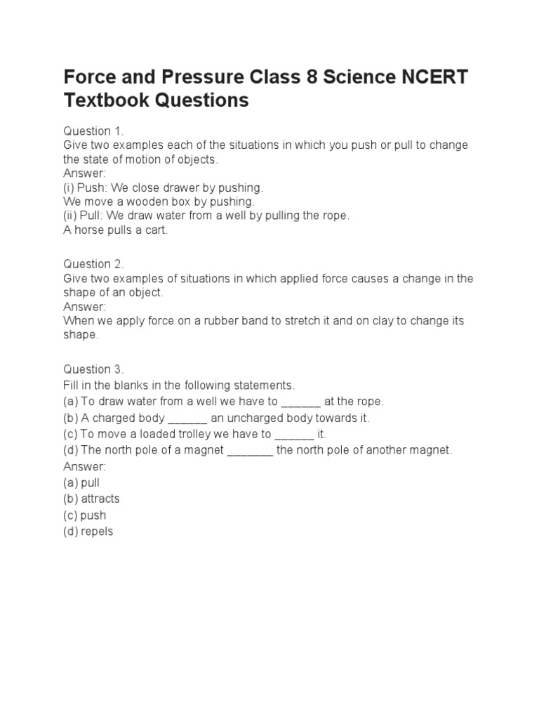 Force and Pressure Class 8 Science NCERT Textbook Questions MN | PDF ...