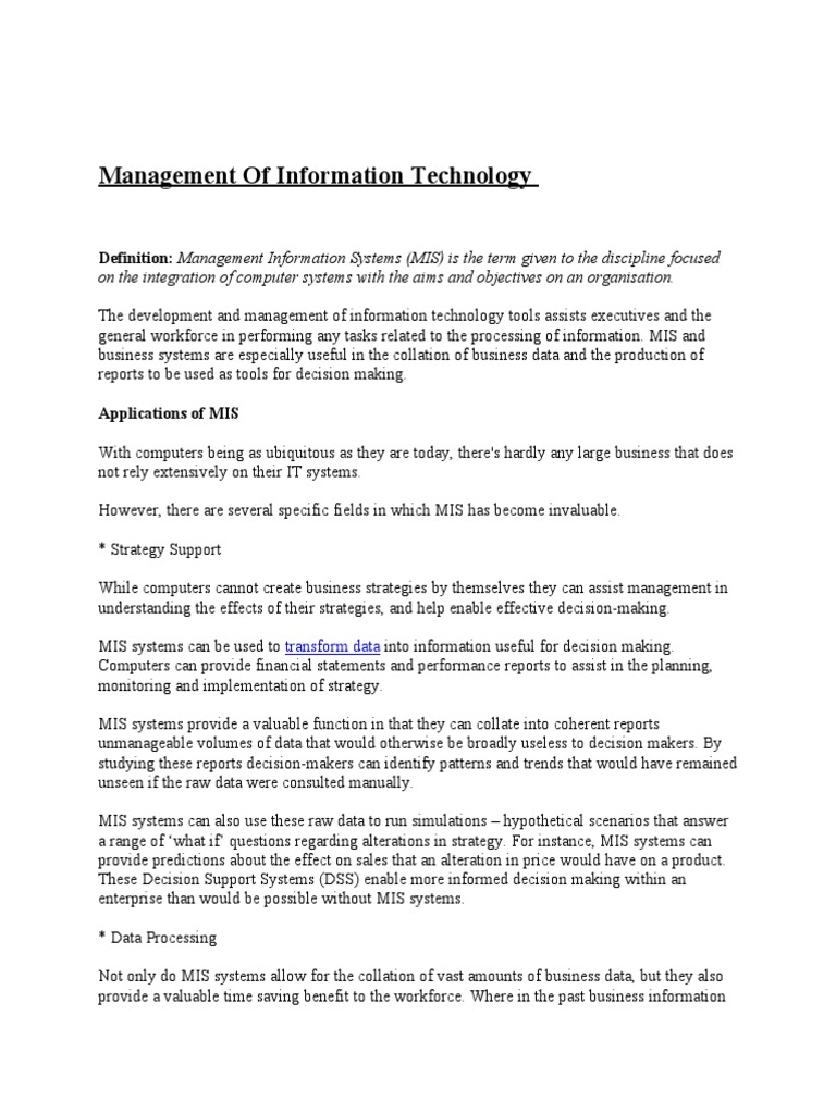 Management of Information Technology | PDF | Management Information ...