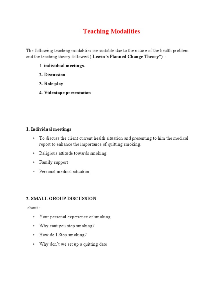 Teaching Modalities: 2. Discussion 3. Role Play 4. Videotape ...