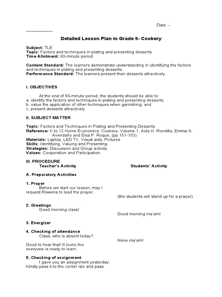 Detailed Lesson Plan in Grade 9-Cookery | PDF | Pudding | Lesson Plan
