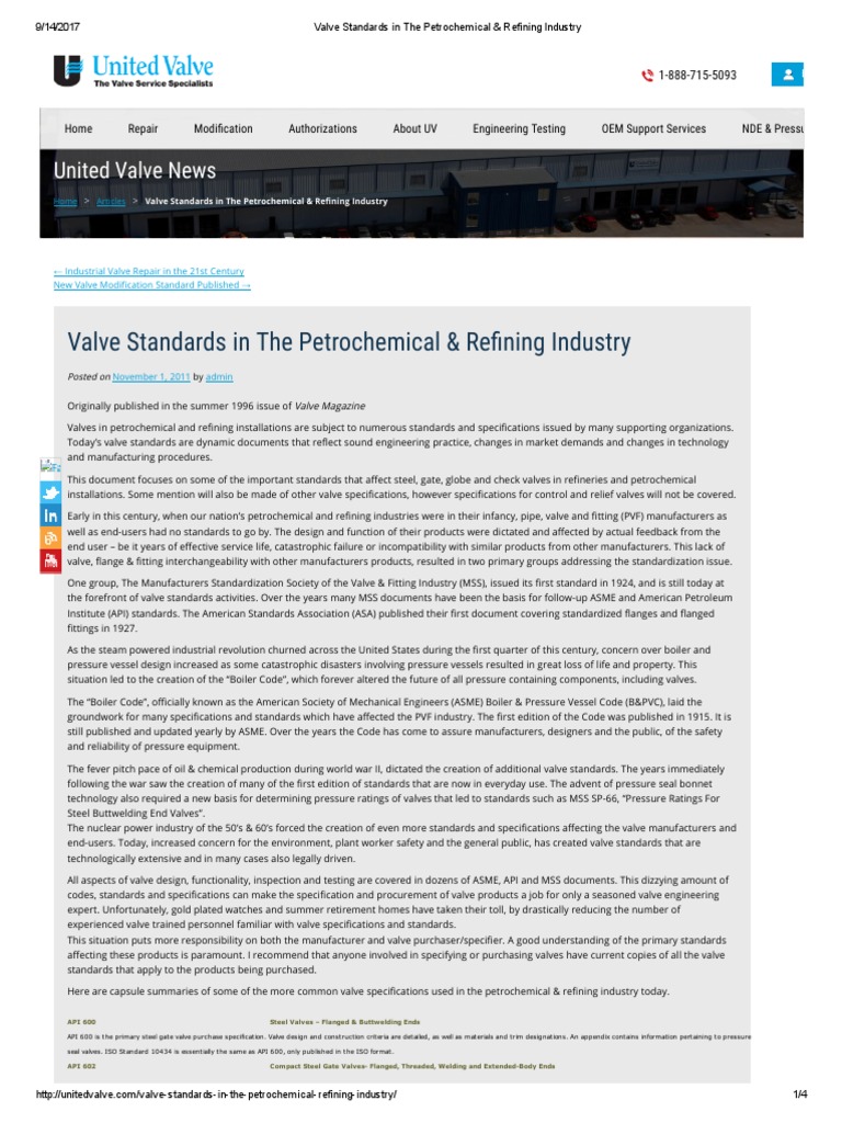 Valve Standards in The Petrochemical & Refining Industry | PDF | Valve ...