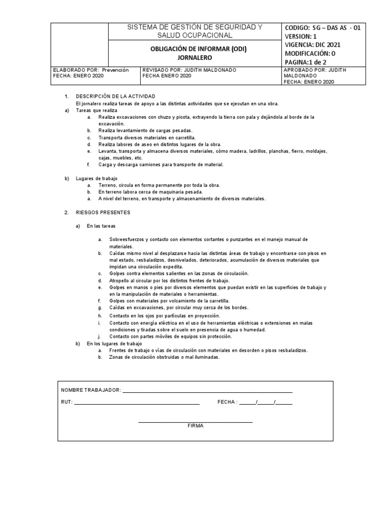 Odi Especialidad Jornal Malo | PDF | Seguridad y salud ocupacional