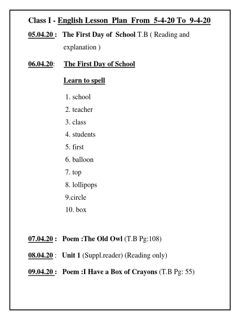 Class I English Lesson Plan | PDF