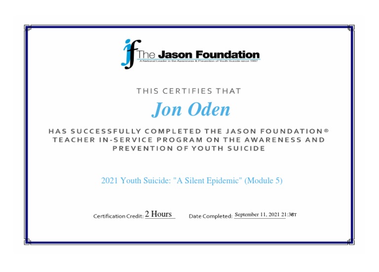 Jason Foundation Certificate | PDF
