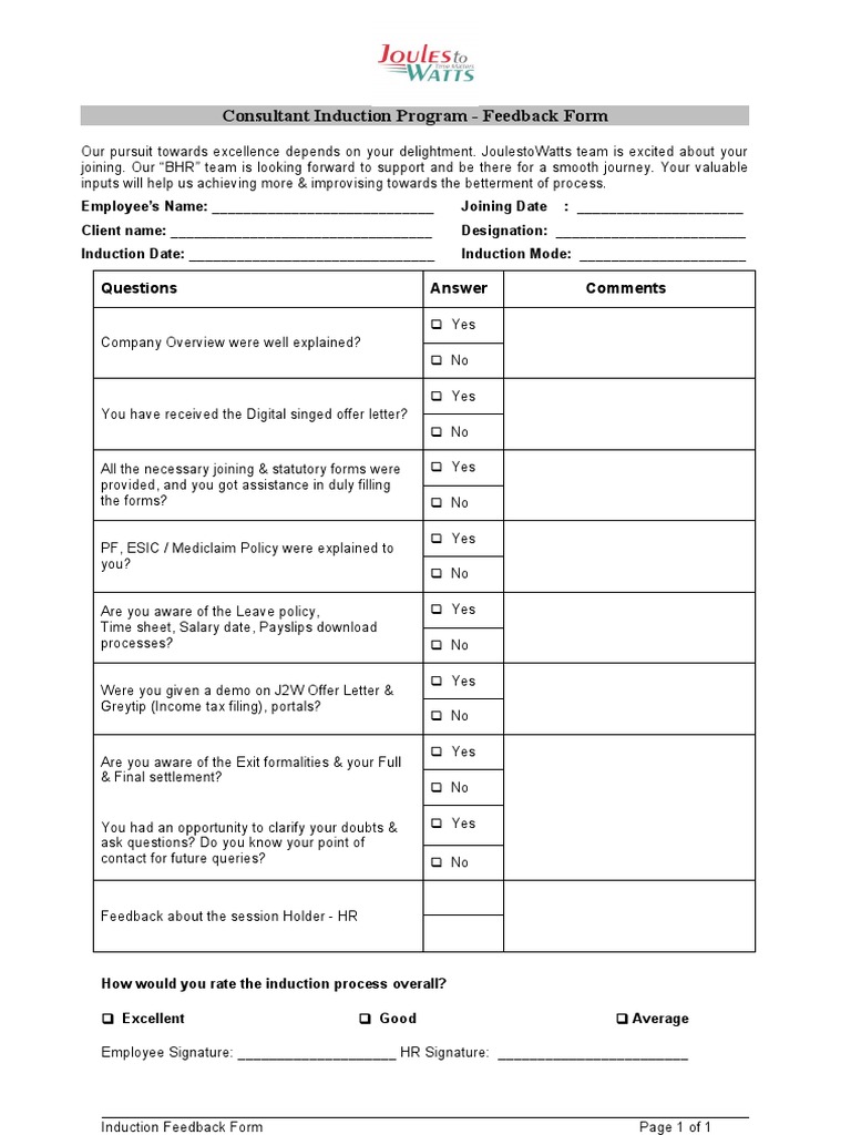 Consultant Induction Program - Feedback Form: Questions Answer Comments ...