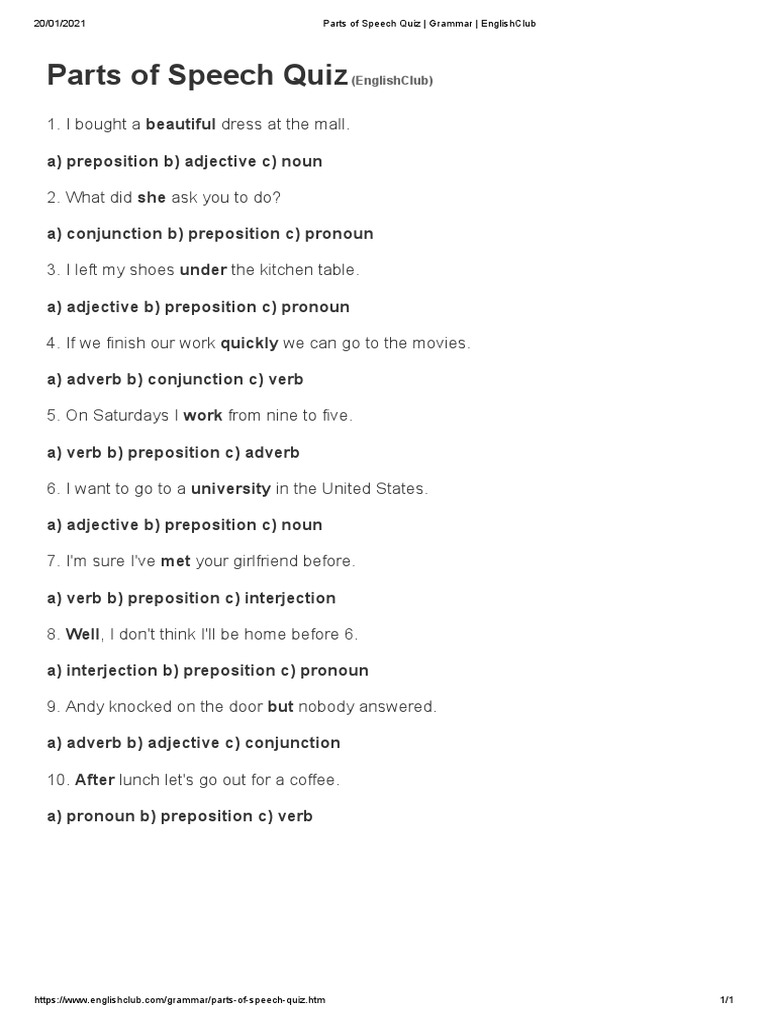Parts of Speech Quiz - Grammar - EnglishClub | PDF