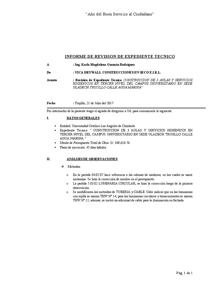 Informe de Revision de Expediente Tecnico | PDF