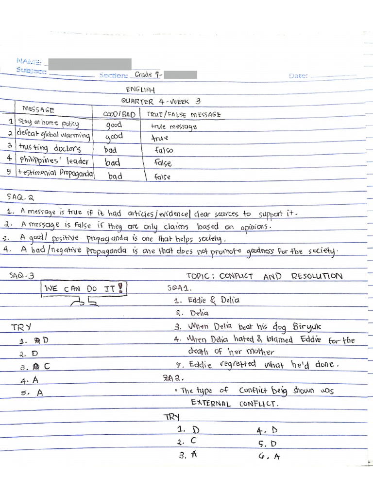 Grade 7 ENGLISH Q4-M3 Answers | PDF