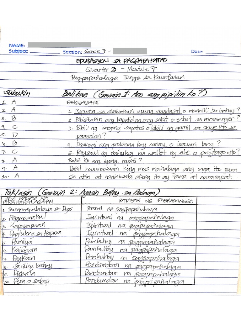 Grade 7 ESP Q3-M7 Answers | PDF