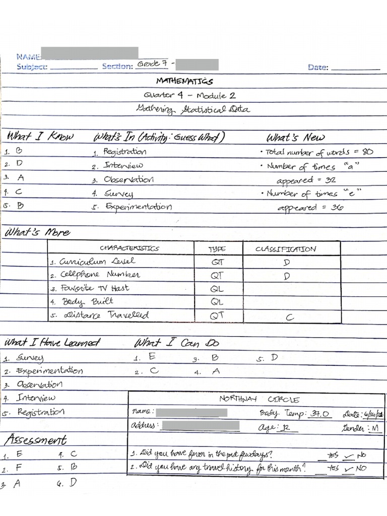 Grade 7 MATH Q4-M2 Answers | PDF
