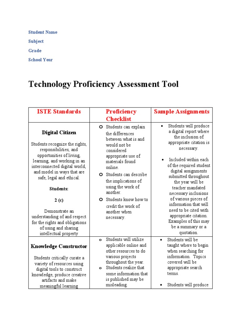 Technology Proficiency Assessment Tool: ISTE Standards Proficiency ...