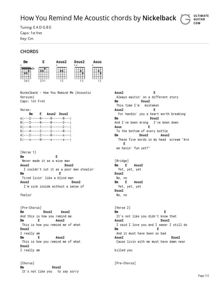 Nickelback: How You Remind Me Chords | PDF | Song Structure | Guitars